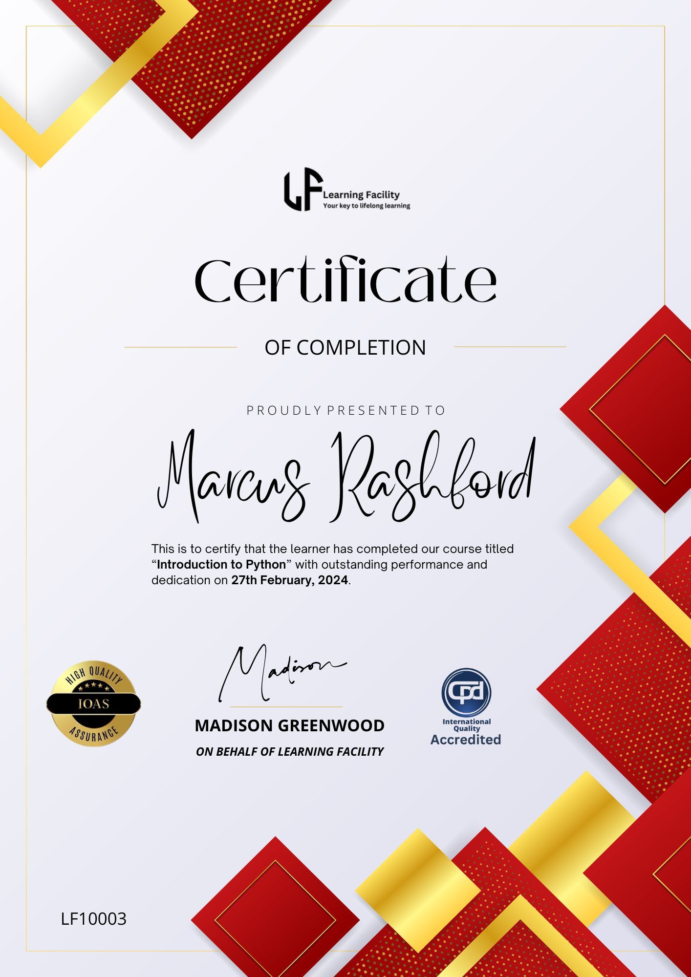 Certificate Order - Learning Facility